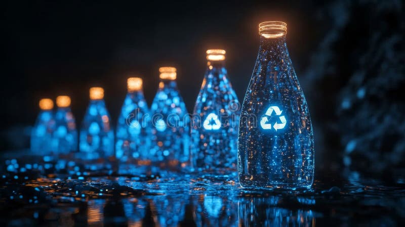 Glowing Blue Plastic Bottles with Recycling Symbol Stock Illustration ...