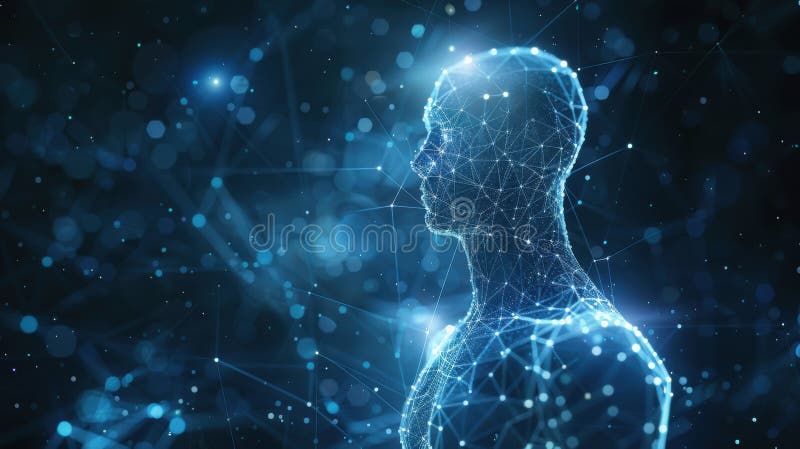 Glowing Blue Digital Wireframe Human Body with Bright Light on Head and ...