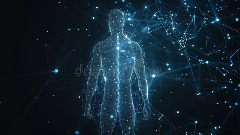 Glowing Blue Human Body Model with Spinal Column on Dark Blue ...