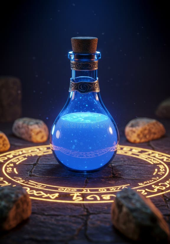 Glowing Blue Potion Bottle on Mystical Rune Circle Stock Illustration ...