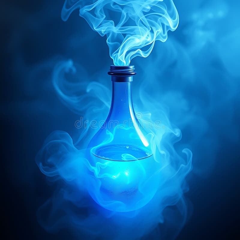 A Glowing Blue Potion Bottle Surrounded by Swirling Mist Stock ...