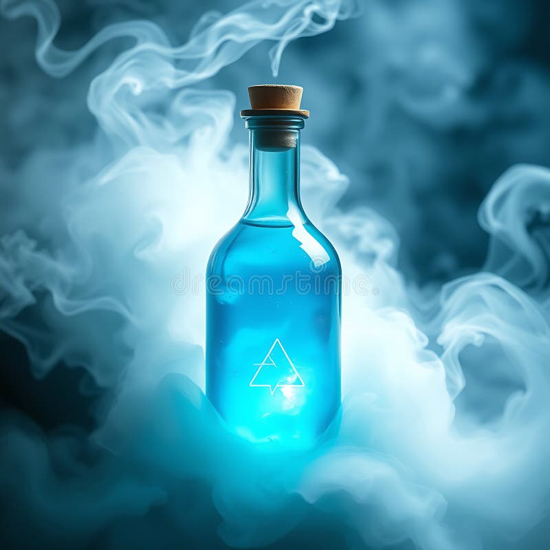 A Glowing Blue Potion Bottle Surrounded by Swirling Mist Stock ...