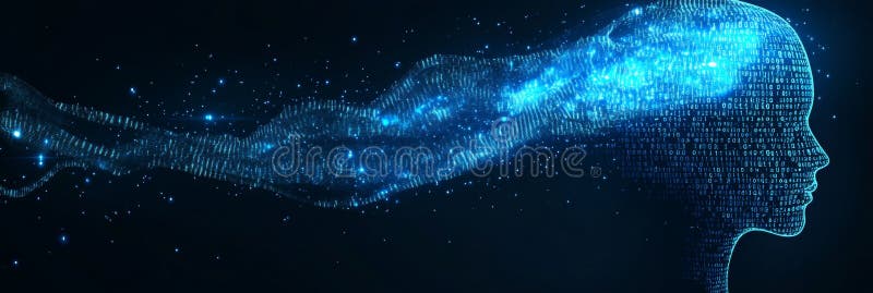 Glowing Blue Profile of a Head Formed by Circuit Paths and Binary ...