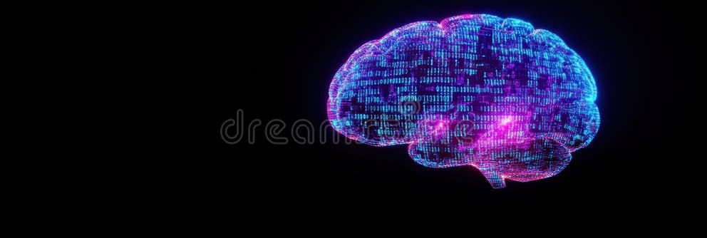 Glowing Blue and Purple Digital Brain Constructed from Grids and Binary ...