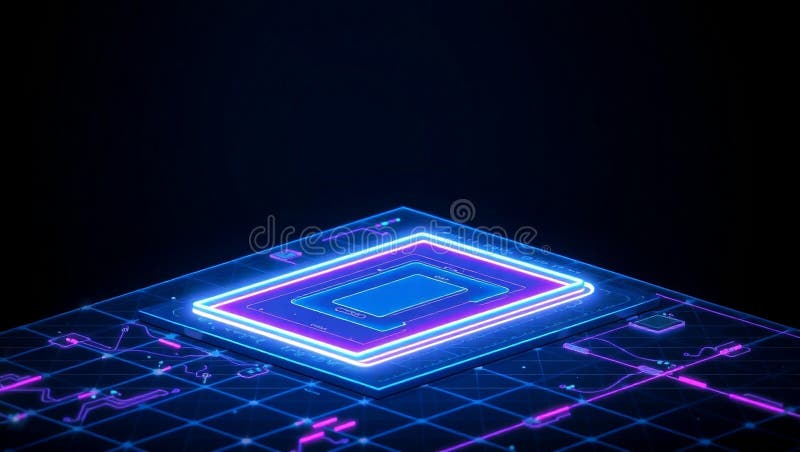 Glowing Blue and Purple Square Circuit Board with Central Rectangle ...