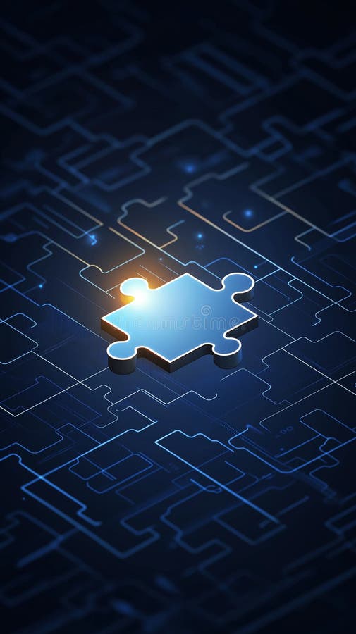 Luminous Blue Puzzle Piece Connecting Intricate Circuit Board ...