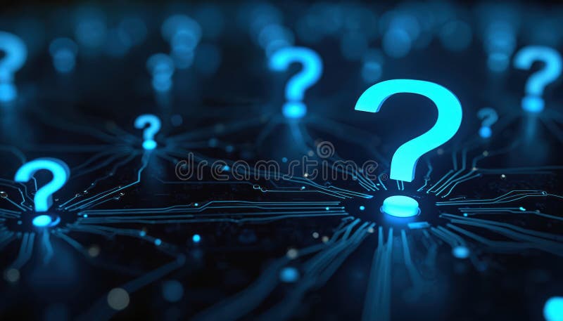 Glowing Blue Question Marks Hover Over a Digital Circuit Board. this Abstract Illustration ...