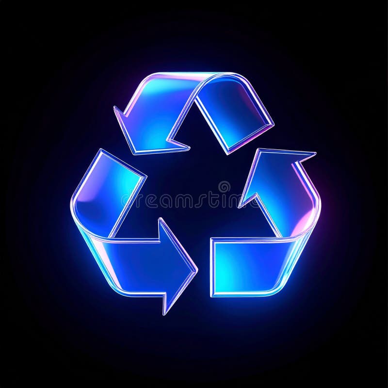 Glowing Blue Recycling Symbol on Black Background Stock Illustration ...