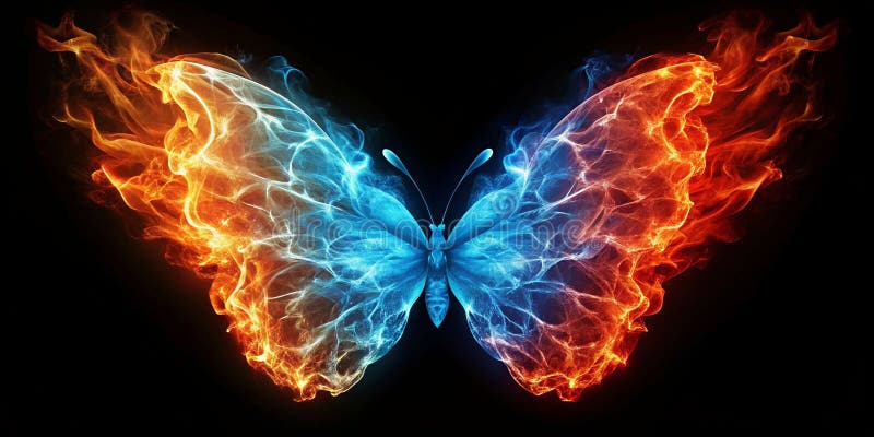 A Glowing Blue and Red Butterfly Made of Fire and Light on a Black ...