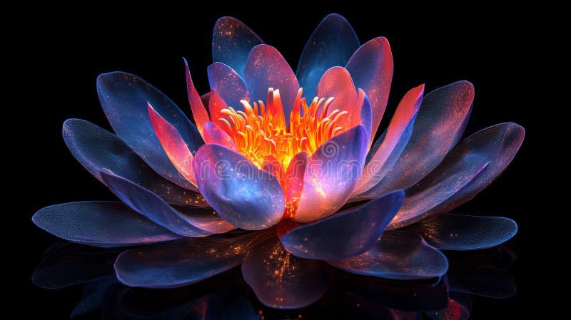 Glowing Blue Red Lotus Flower with Sparkles on Dark Background Stock ...