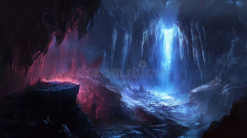 Glowing Blue and Red Waterfall in a Dark Fantasy Cave Stock ...