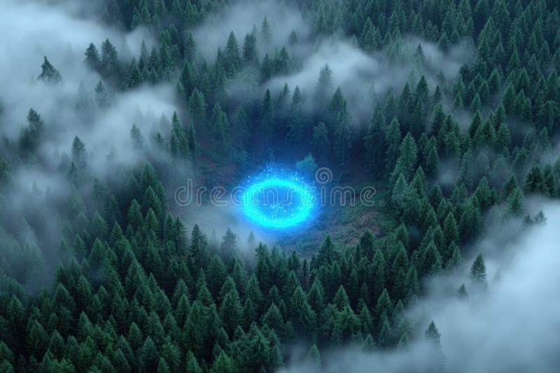 Glowing Blue Ring in Misty Forest Clearing Surrounded by Dense ...