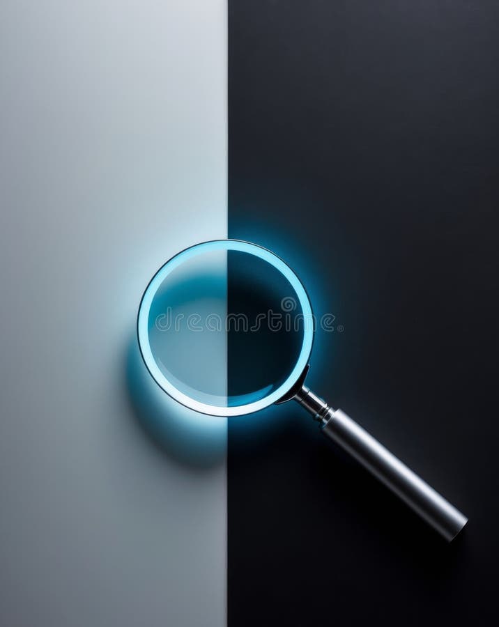 Glowing Blue Ringed Magnifying Glass on Dark Surface. Stock Image ...