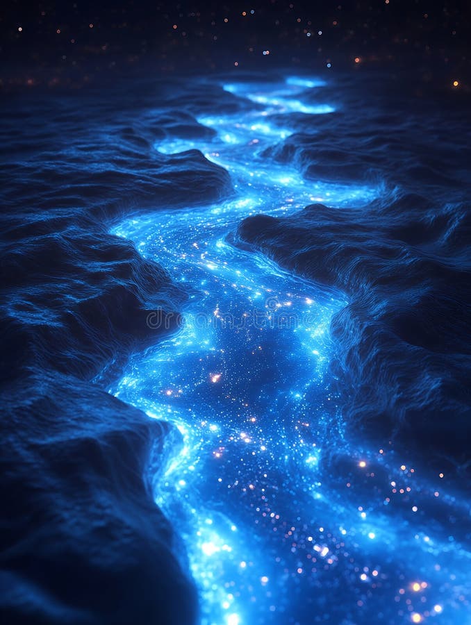 A Glowing Blue River Flows through a Dark Landscape Under a Starry ...