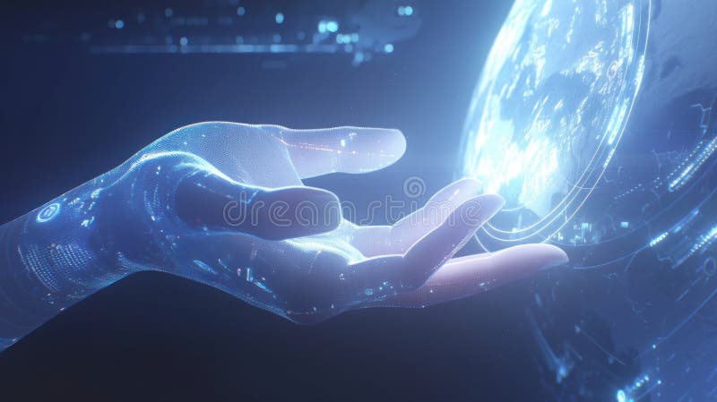 A Glowing Blue Robotic Hand Reaches Out To Touch a Glowing Blue Orb ...