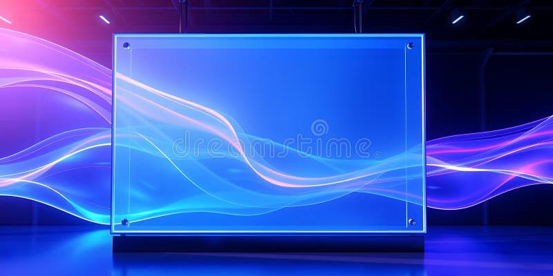 A Glowing Blue Screen with Abstract Waves in a Dark Room with Purple ...