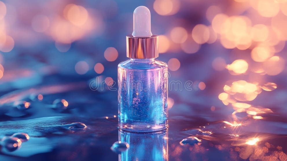Glowing Blue Serum Bottle with Dropper on Reflective Surface Stock ...
