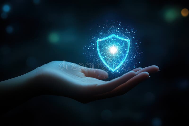 Glowing Blue Shield Emblem in Hand Symbolizing Cybersecurity Concept ...