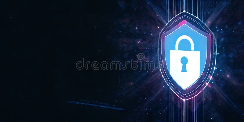 A Glowing Blue Shield with a Padlock in the Center on a Dark Background ...