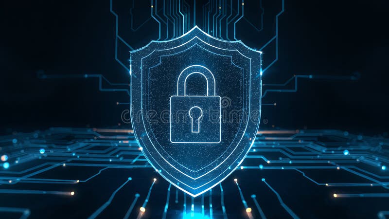 A Glowing Blue Shield with a Padlock Representing Cybersecurity Stock ...