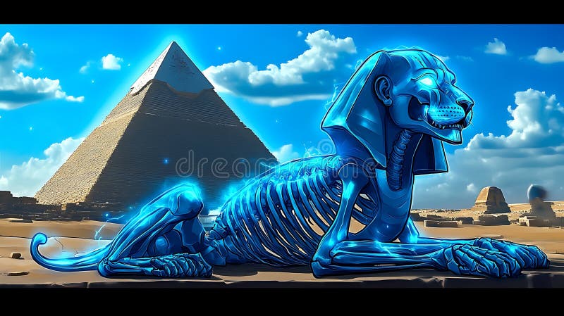 Glowing Blue Skeleton Sphinx Lies Majestically in Front of Pyramid ...