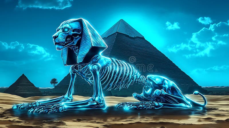 Glowing Blue Skeleton Sphinx Rests Majestically in Front of Ancient ...