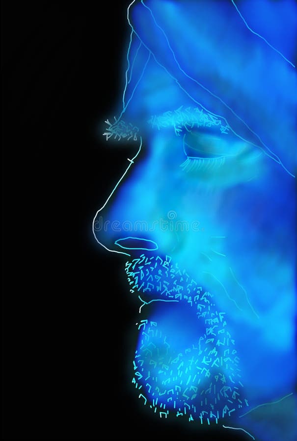 Glowing Blue Sketched Profile of Bearded Man with Turban Stock ...