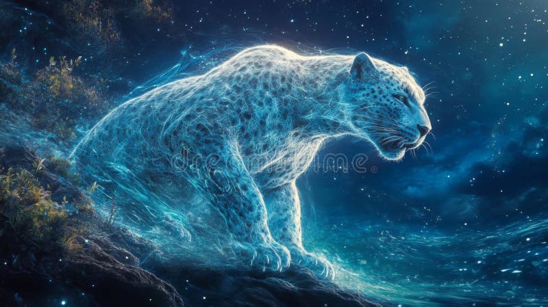 Glowing Blue Snow Leopard in Cosmic Night Stock Illustration ...