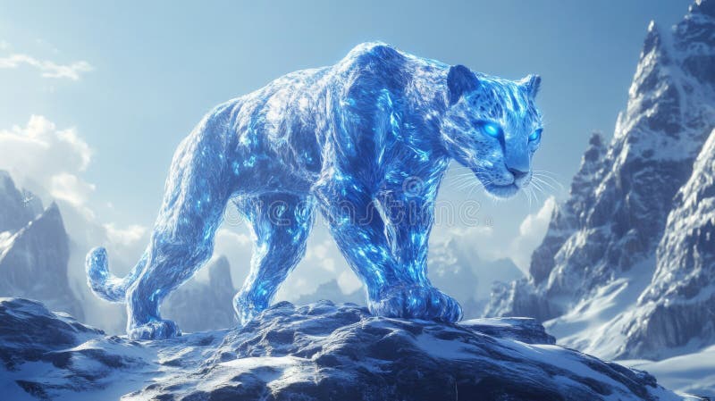Glowing Blue Snow Leopard in Snowy Mountain Landscape Stock ...