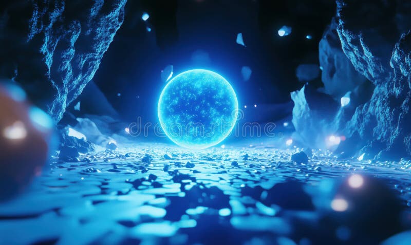Glowing Blue Sphere in Dark Cave, Ethereal Atmosphere, Illuminated ...