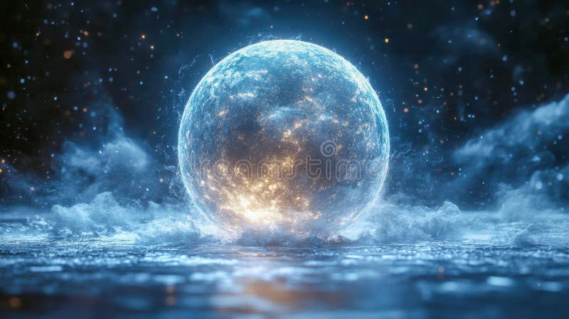 A Glowing Blue Sphere Emitting Light and Mist, Surrounded by a Cosmic ...