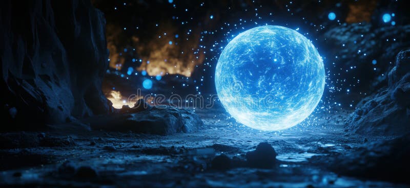 Glowing Blue Sphere in Mysterious Cave Environment with Sparkling ...