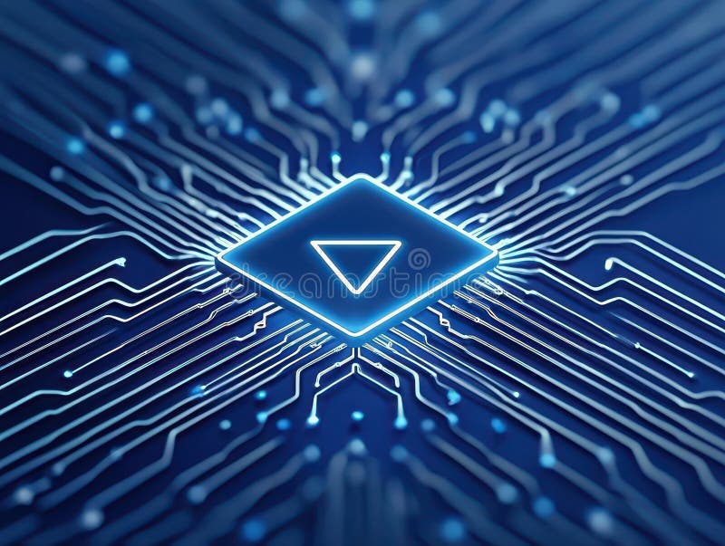 Glowing Blue Square Microprocessor with Triangle Symbol Surrounded by ...