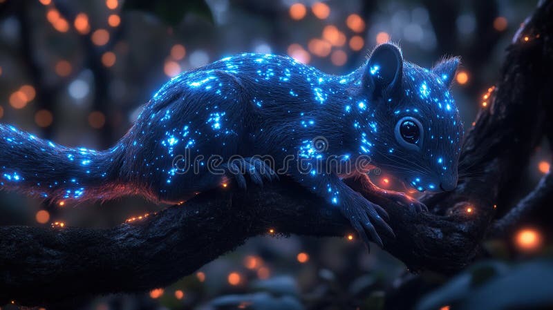 Glowing Blue Squirrel on a Branch at Night, Magical Fantasy Art Stock ...