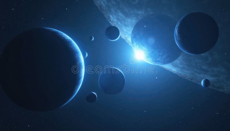 Glowing Blue Star System with Planets Orbiting. Space Scene Shows ...
