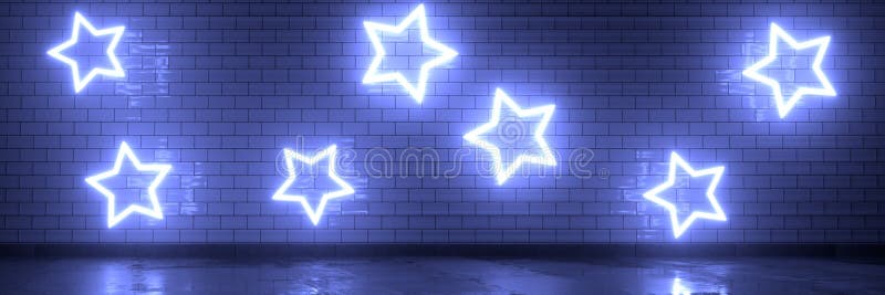 Glowing Blue Stars on the Background of a Brick Facade. 3D ...