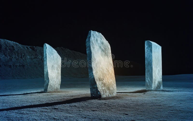 Glowing Blue Stone Pillars at Night Stock Illustration - Illustration ...