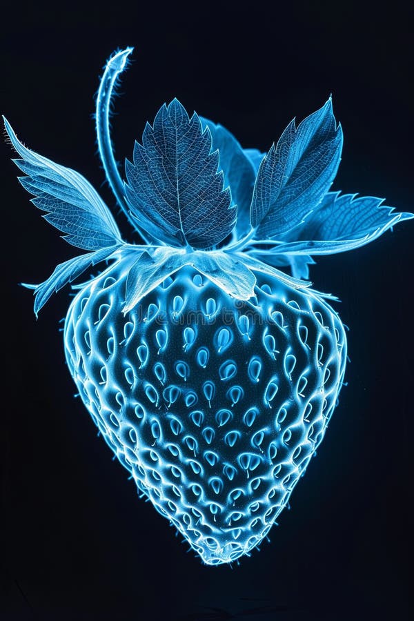 A Glowing Blue Strawberry with Leaves on a Black Background Stock ...