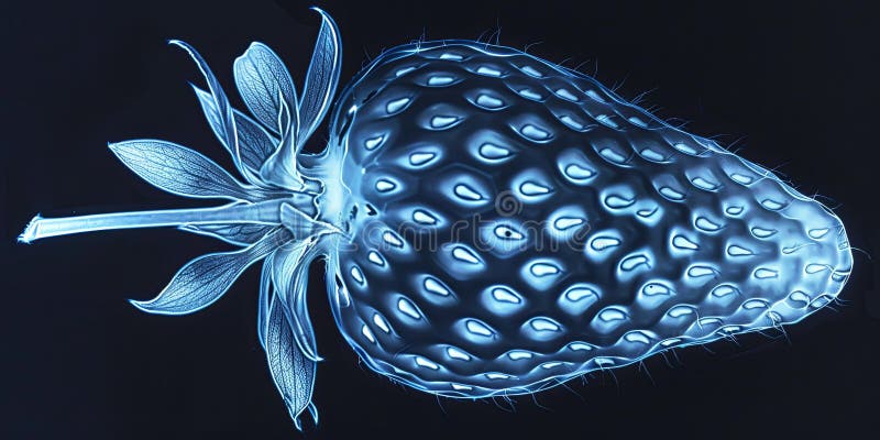A Glowing Blue Strawberry with Visible Seeds and a Long Stem Stock ...
