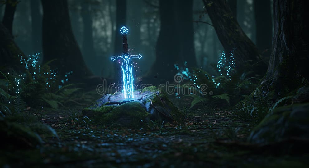 A Glowing Blue Sword is Embedded in a Moss-covered Stone within a Dense ...