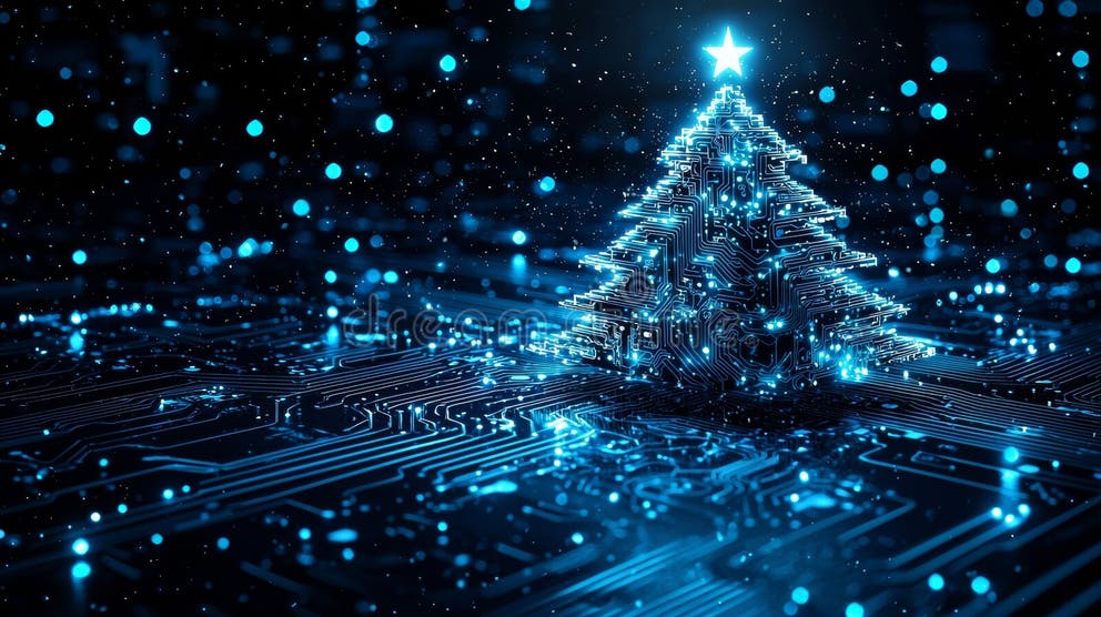 A Glowing Blue Technological Christmas Tree, Crafted from Digital ...