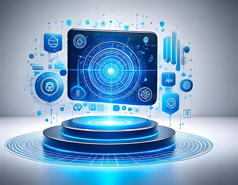 A Glowing Blue Technological Interface Displays Various Icons on a ...