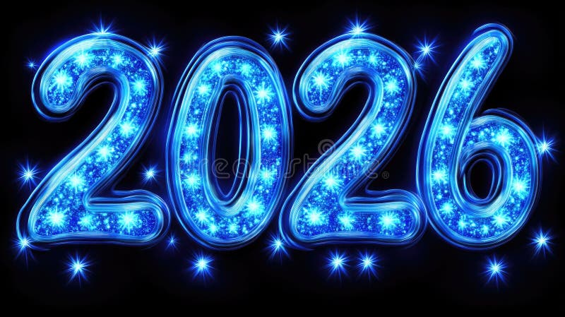 Glowing Blue 2026 Text with Starry Effect on Black Background. Happy ...