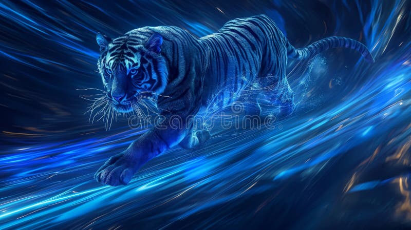 Glowing Blue Tiger in Motion Stock Photo - Image of futuristic, tiger ...