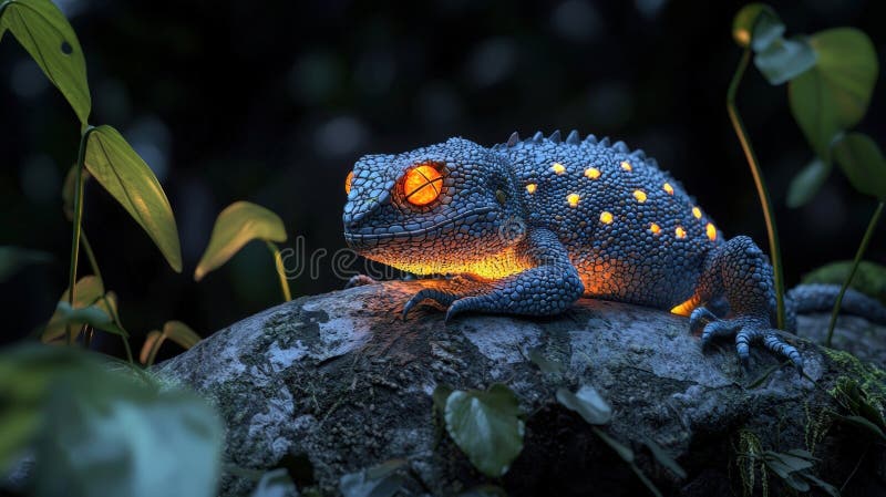 A Glowing Blue Toad Sits on a Rock Surrounded by Lush Greenery ...