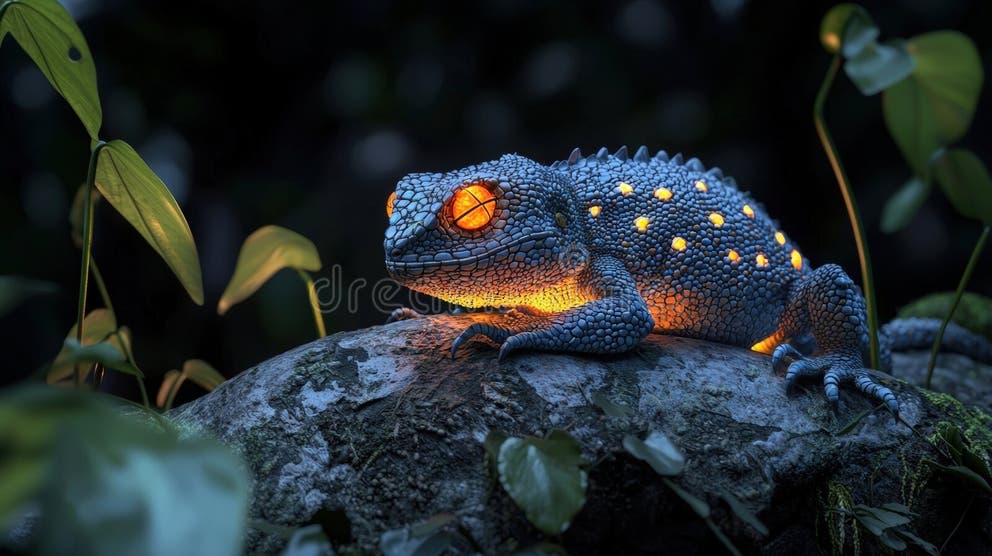 A Glowing Blue Toad Sits on a Rock Surrounded by Lush Greenery ...