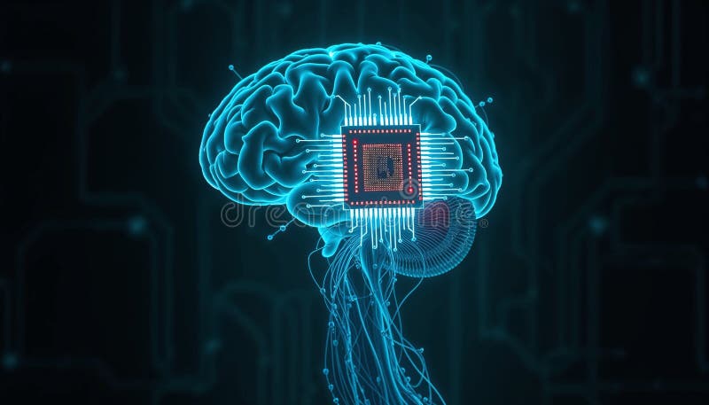 A Glowing Blue Translucent Human Brain with a Computer Chip Embedded ...