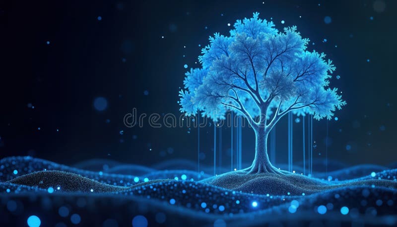 Glowing Blue Tree Stands on Digital Ground. Tech Tree with Light Trails ...