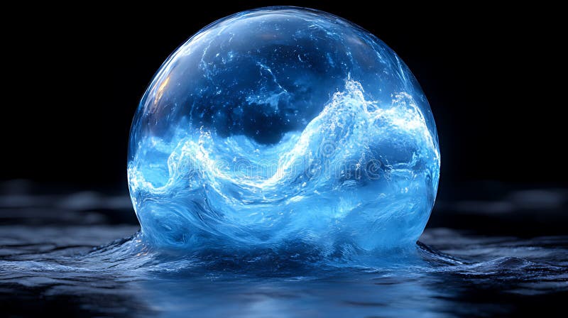 Glowing Blue Water Orb on Dark Surface, Waves Background, Science ...