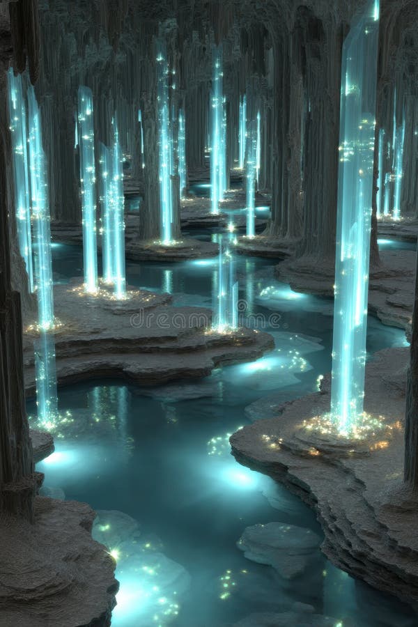 Glowing Blue Waterfalls Cascade Inside Dark Cave with Reflective Water ...